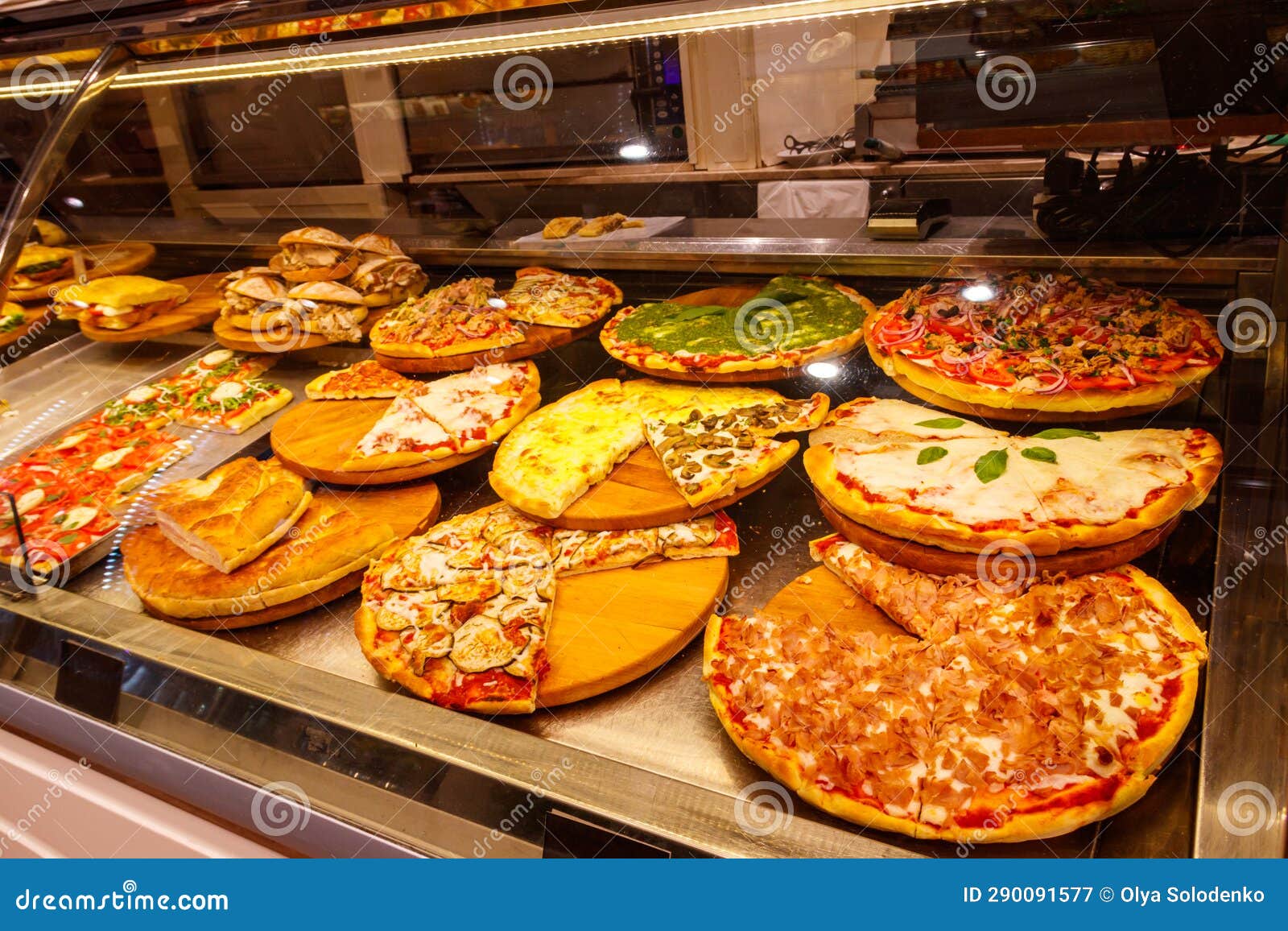 Assortment of Italian Pizza in Showcase of Pizzeria Stock Image - Image ...