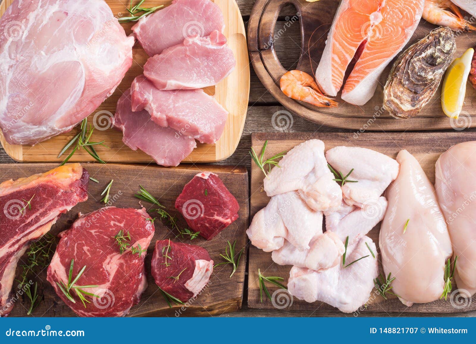 Assortment of Meat and Seafood Stock Image - Image of fish, flat: 148821707