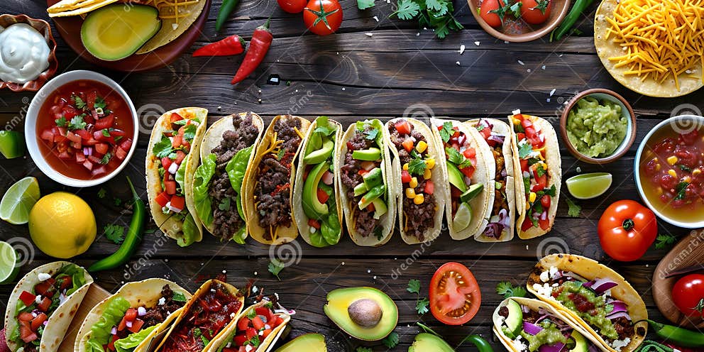 An Assortment of Mexican Tacos Stock Photo - Image of spicy, salsa ...