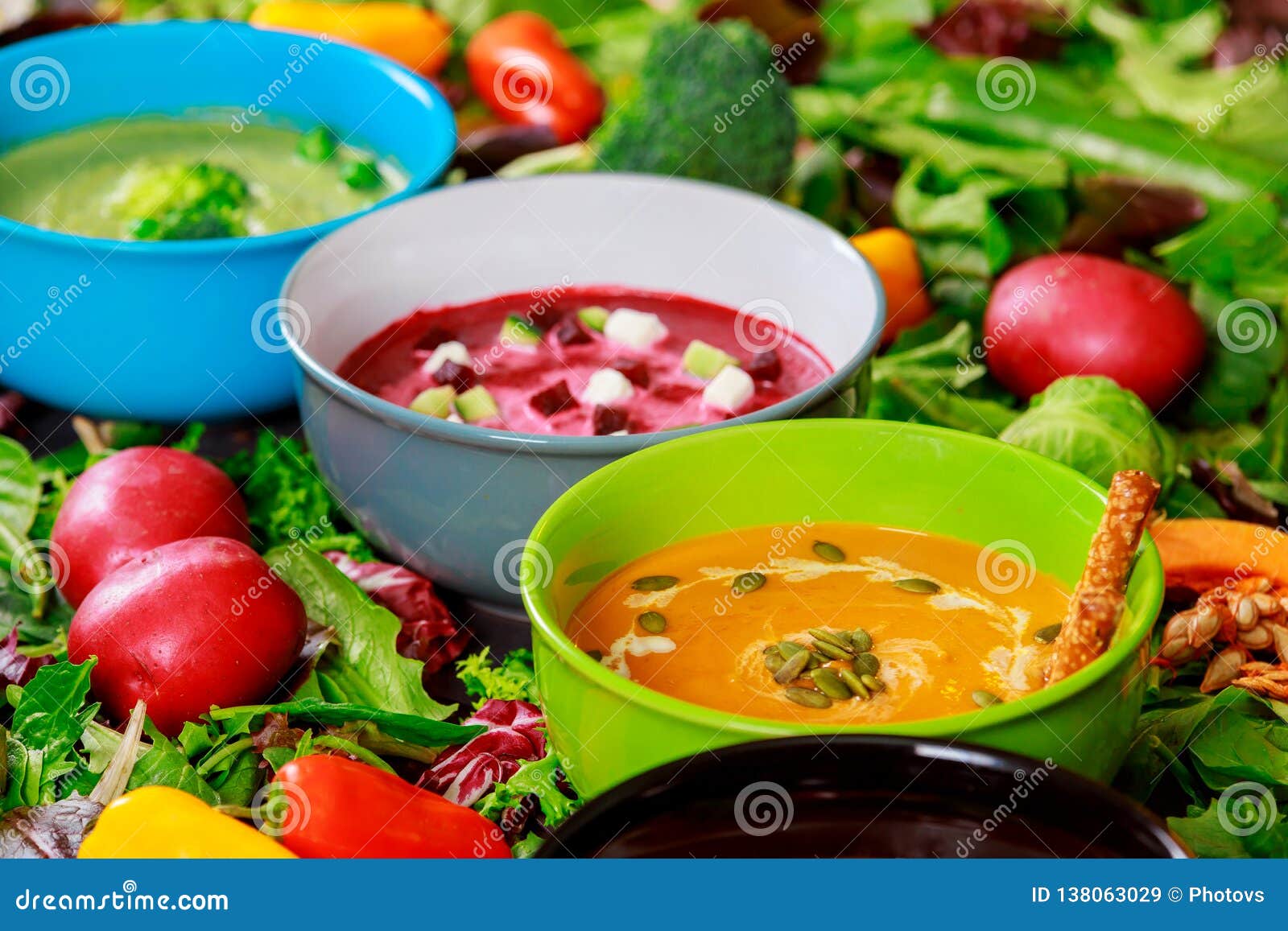 Assortment Multi Colored Soups Of Vegetable Cream Soup On Ingredients ...