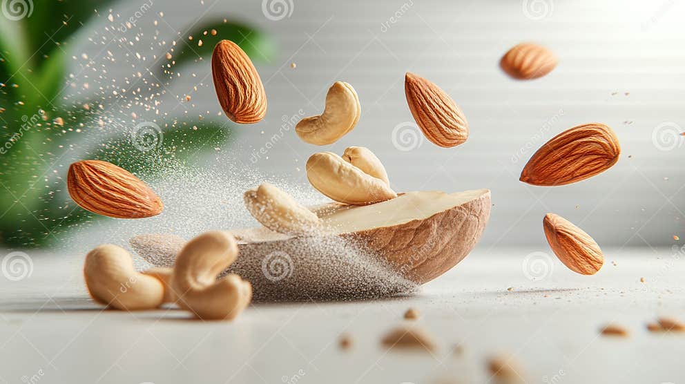 Assortment of Nuts Falling and Exploding on White Surface with Green ...