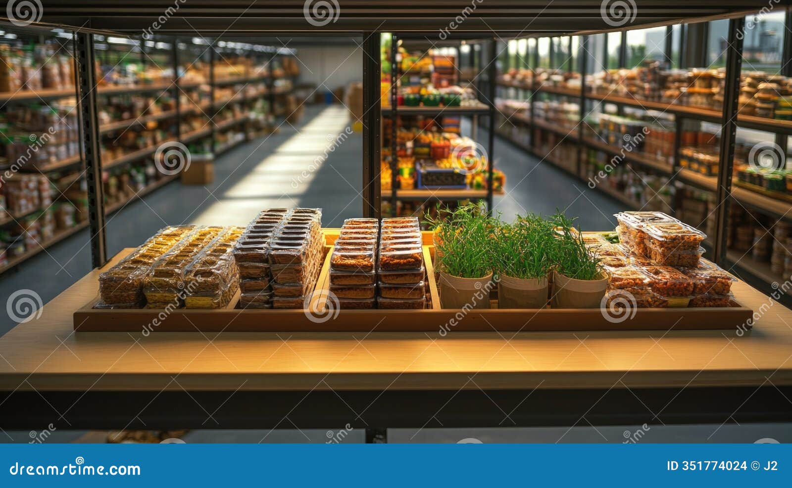 Assortment of Packaged Snacks and Fresh Herbs in a Grocery Aisle Stock ...