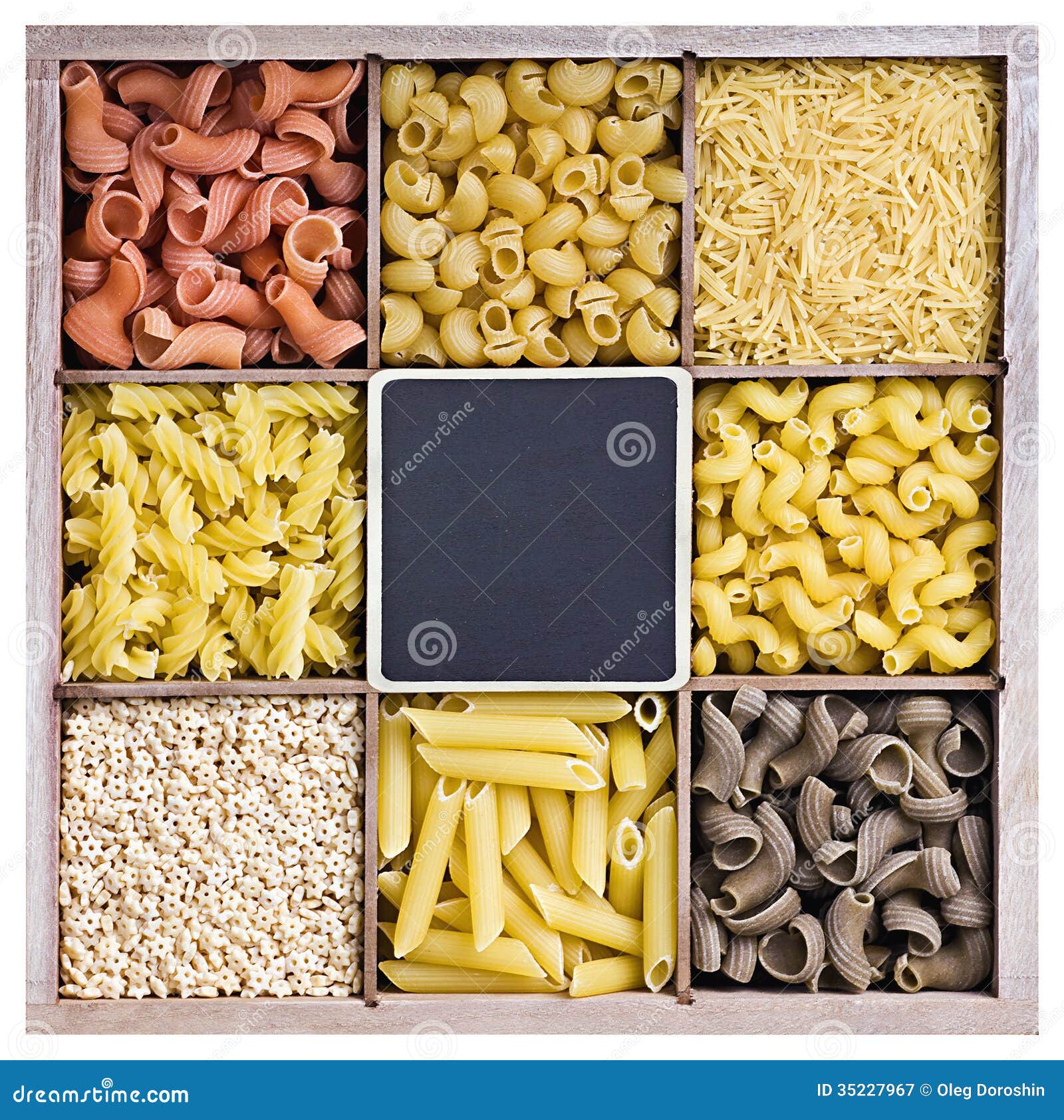 Assortment of Pasta in a Wooden Box and a Blackboard Stock Image ...