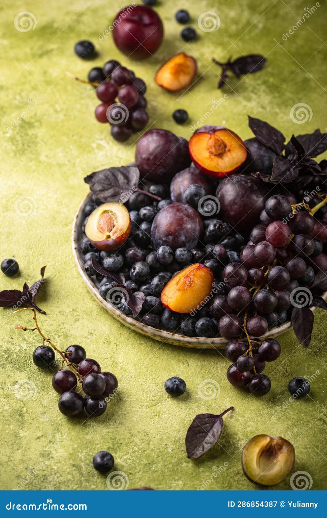 Assortment of Purple Fruit Plum, Grape, Blueberry and Basil Stock Image ...