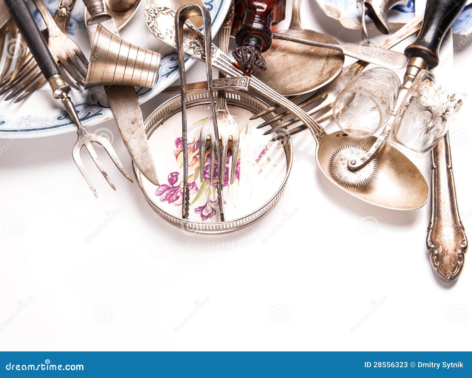 Assortment of Retro Silverware and Vintage Glass Stock Image - Image of ...