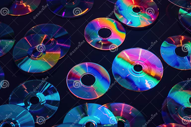 Assortment of Shiny Compact Discs Reflecting a Spectrum of Colors in a ...