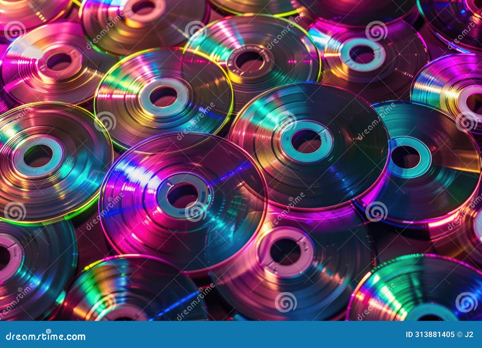 Assortment of Shiny Compact Discs Reflecting a Spectrum of Colors in a ...