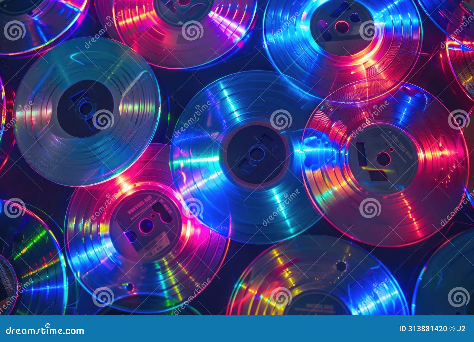 Assortment of Shiny Compact Discs Reflecting a Spectrum of Colors in a ...