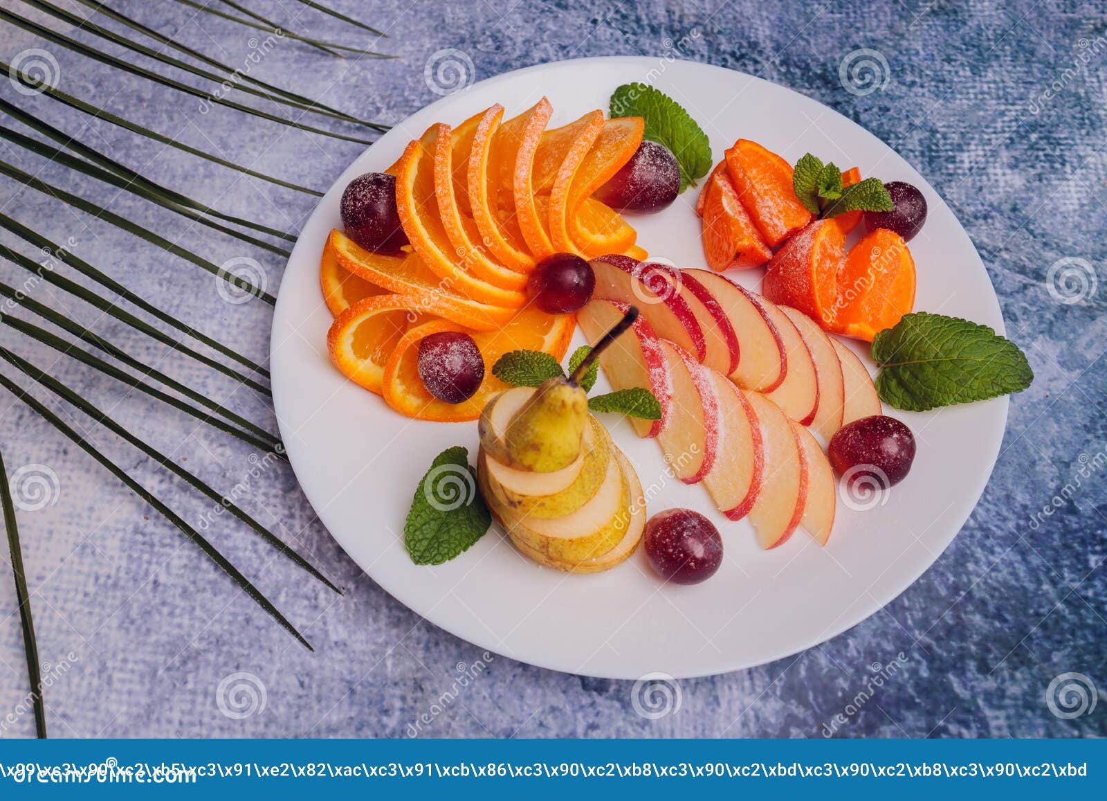 Assortment of Sliced Fruits on Plate with Drops. Stock Image - Image of ...