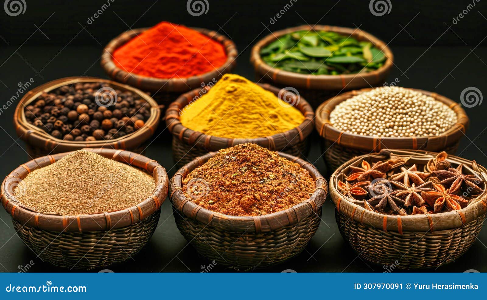 Assortment of Spices in Filled Baskets Stock Illustration ...