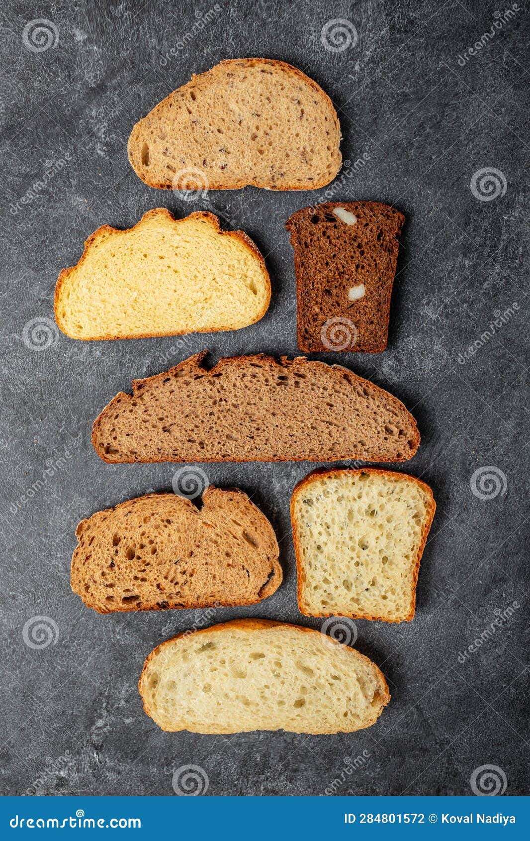 Assortment of Types of Bread. Cut into Slices, Vertical Image. Top View ...