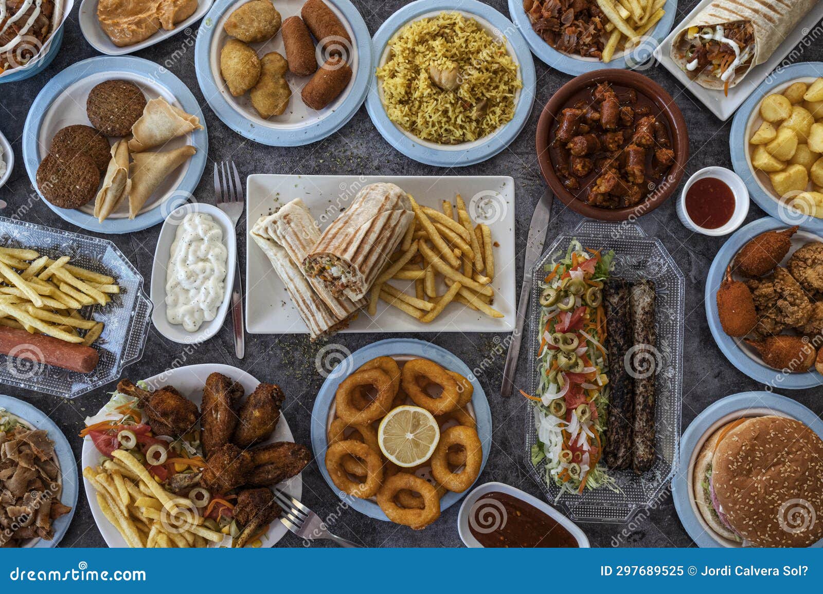 Assortment of Various Fast Food Dishes Stock Image - Image of overhead ...