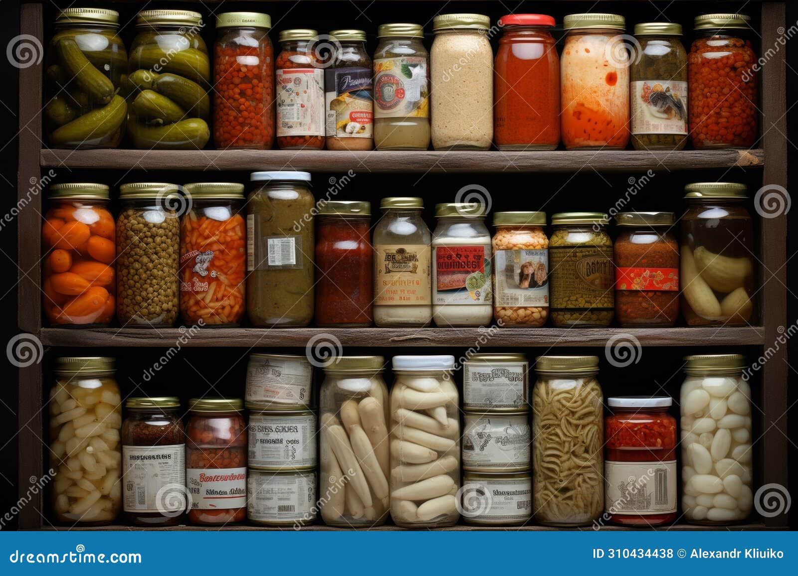 Assortment of Various Preserved Pickled Vegetables and Canned Goods on ...