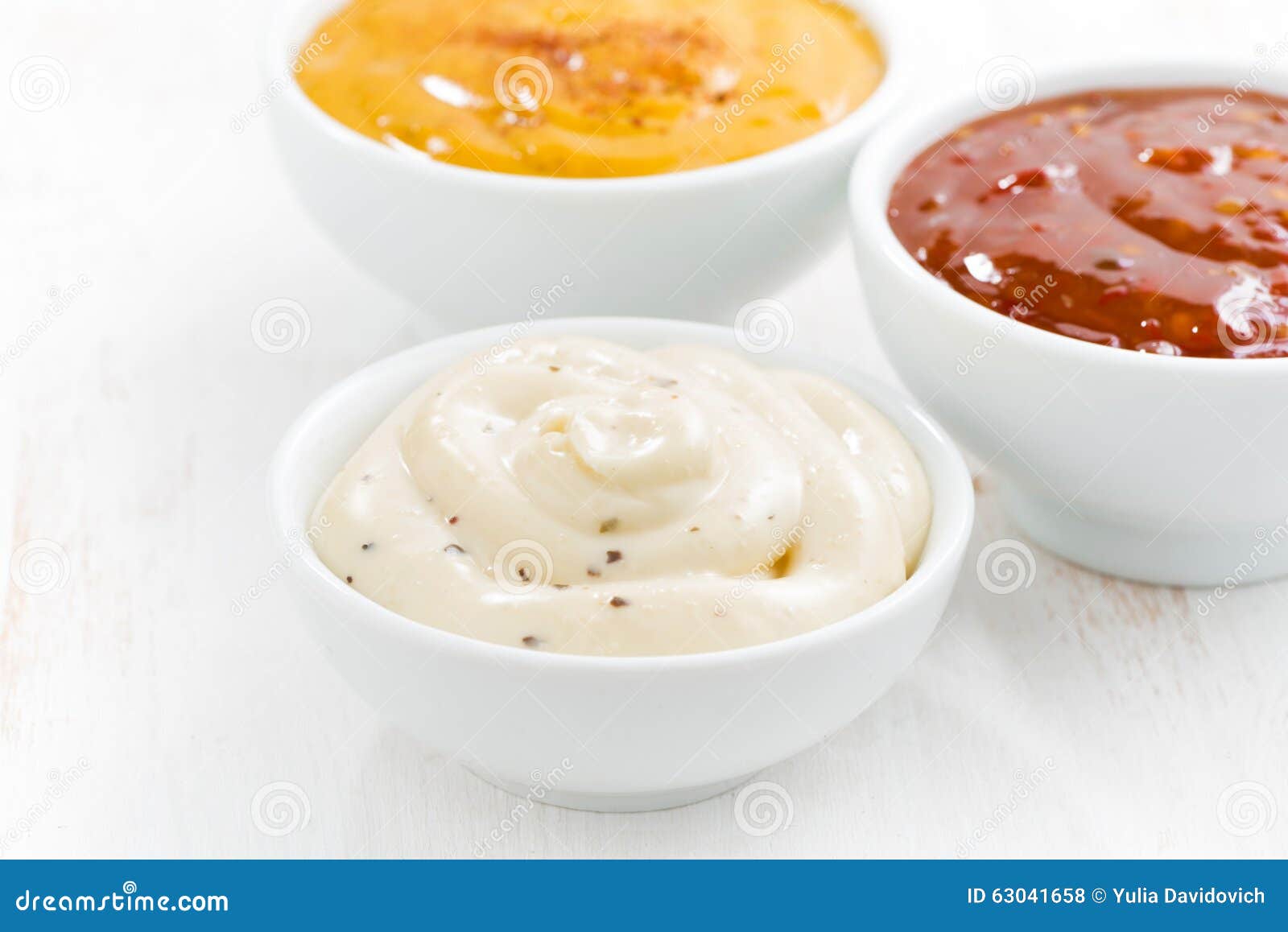 Assortment Various Sauces in Bowls on White Table Stock Photo - Image ...
