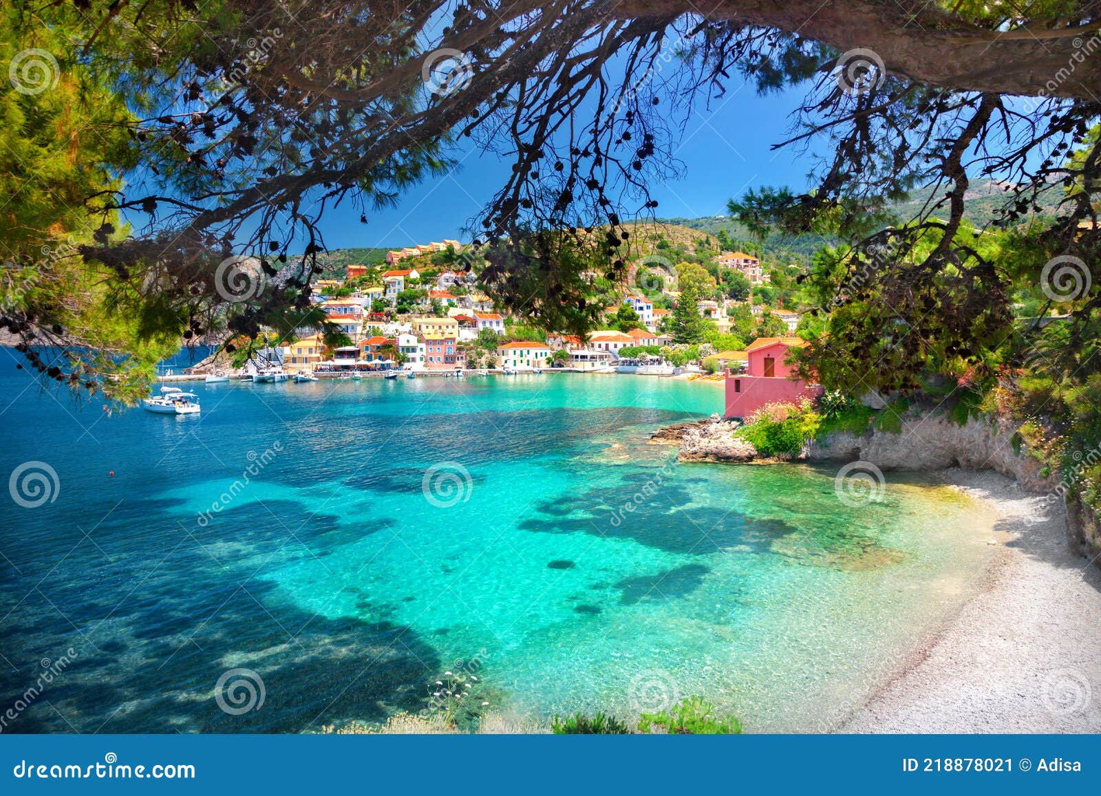 Assos beach in Kefalonia stock image. Image of ionian - 218878021