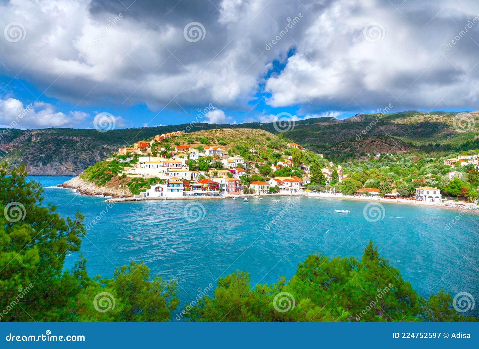 Assos beach in Kefalonia stock image. Image of blue - 224752597