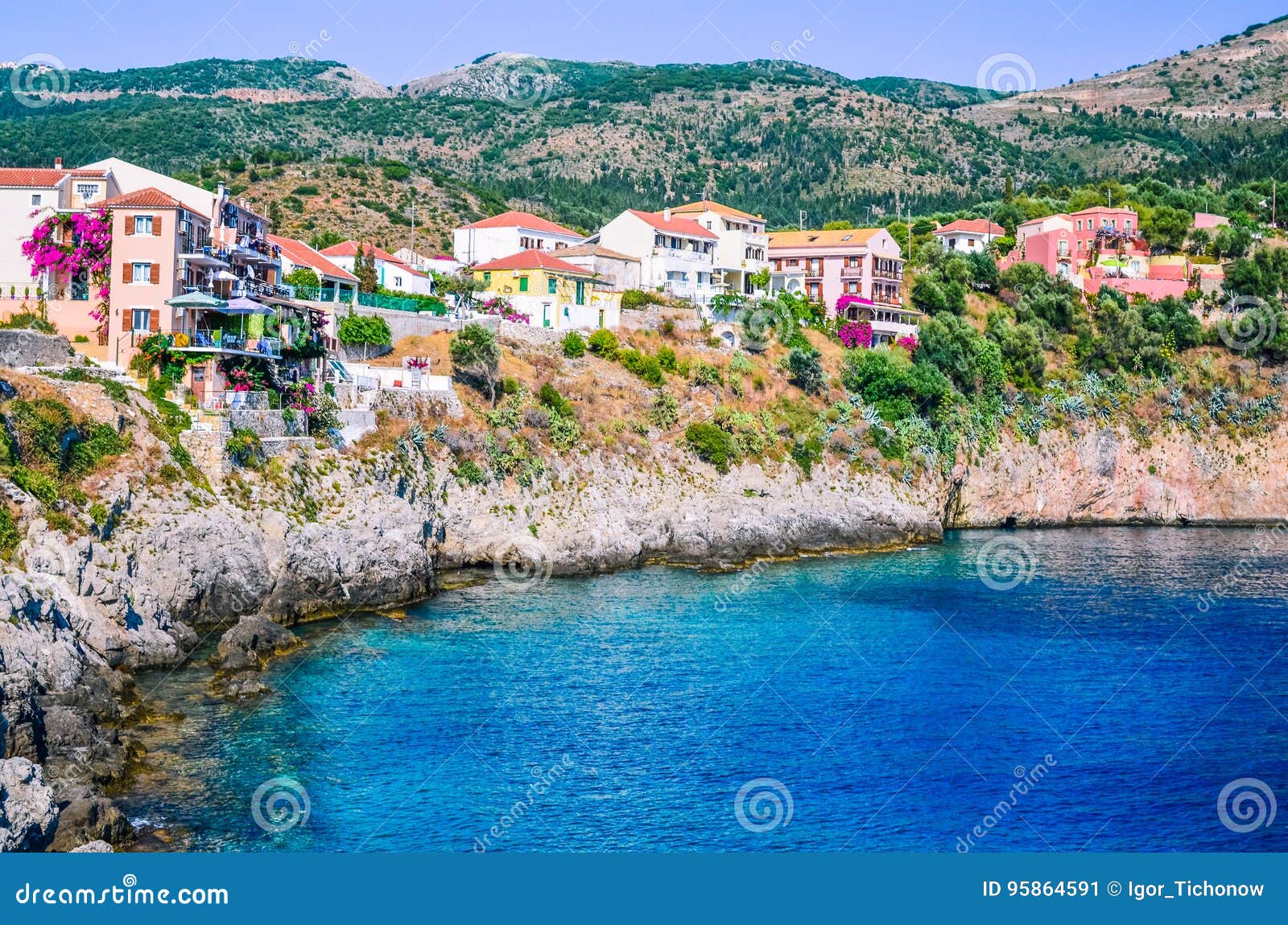 Assos Village Build on Cliffs in Kefalonia, Greece Stock Image - Image ...