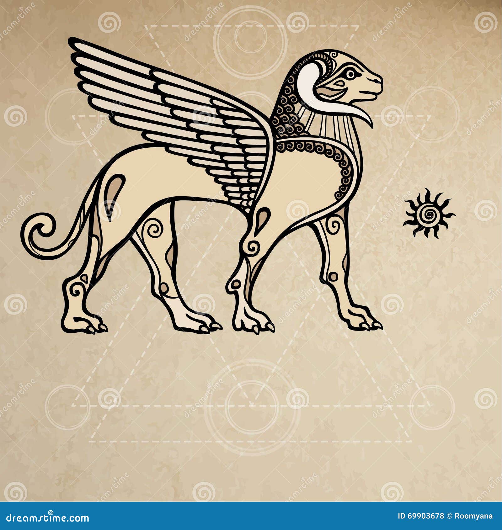 Assyrian Chimera Winged Ram. Background - Imitation of Old Paper Stock ...