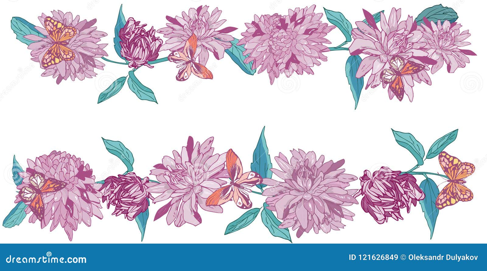 Aster with Butterflies, Daisy Flower Border. Vector Illustration Stock ...