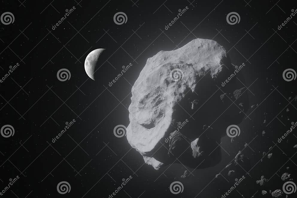 An Asteroid on a Collision Course with the Moon Stock Illustration ...