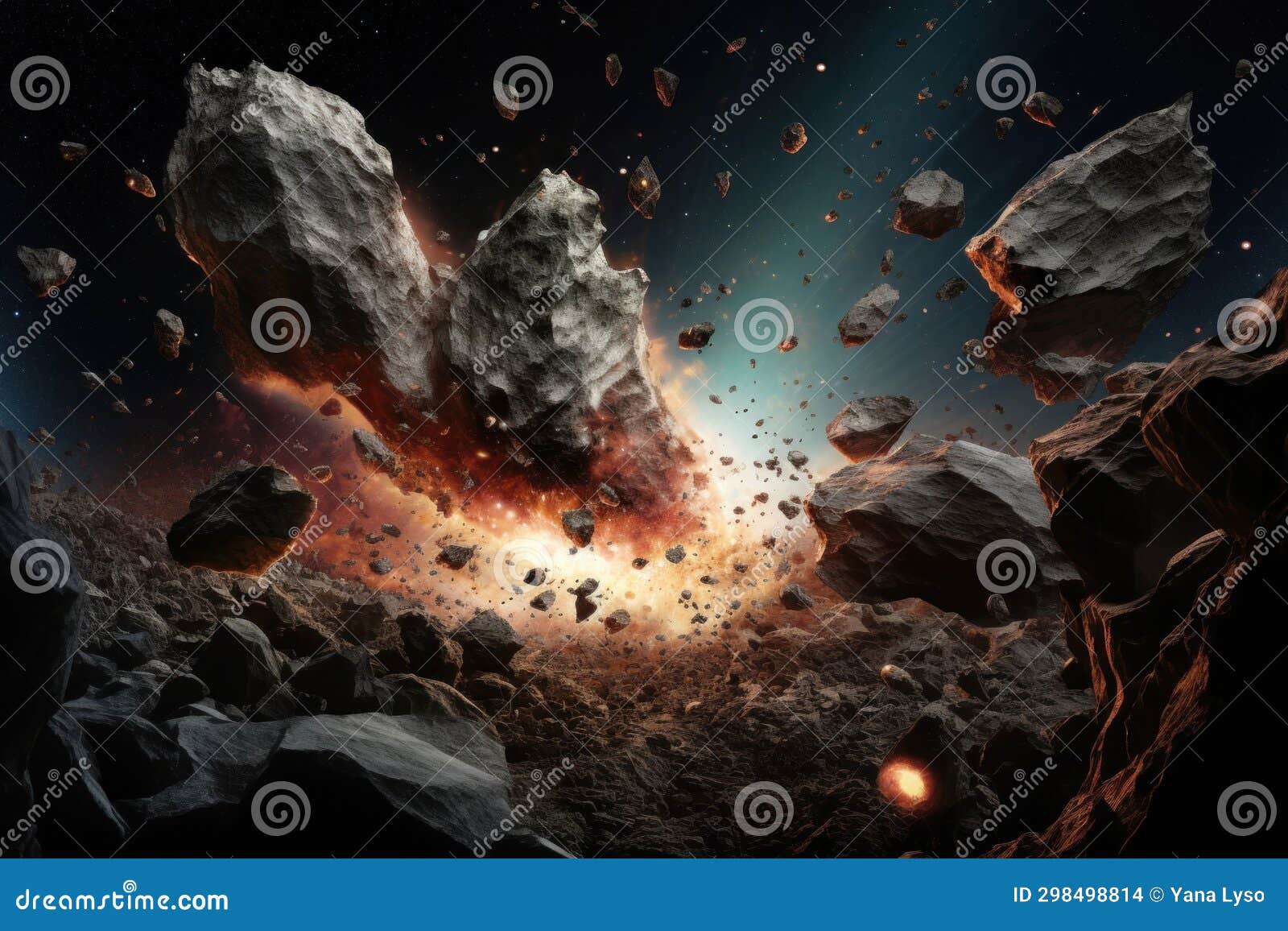 Asteroid Collision in Outer Space. Fiery Explosion and Flash. Flying ...