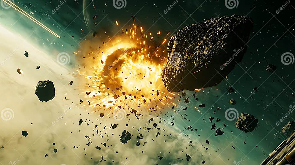 Asteroid Collision in Space, Fiery Explosion with Debris Stock Illustration - Illustration of ...