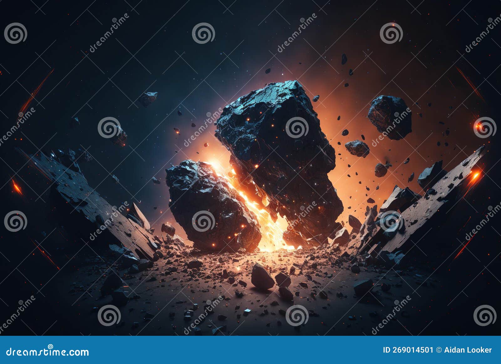 Space Asteroid Collision Concept Black and Orange, Explosive ...
