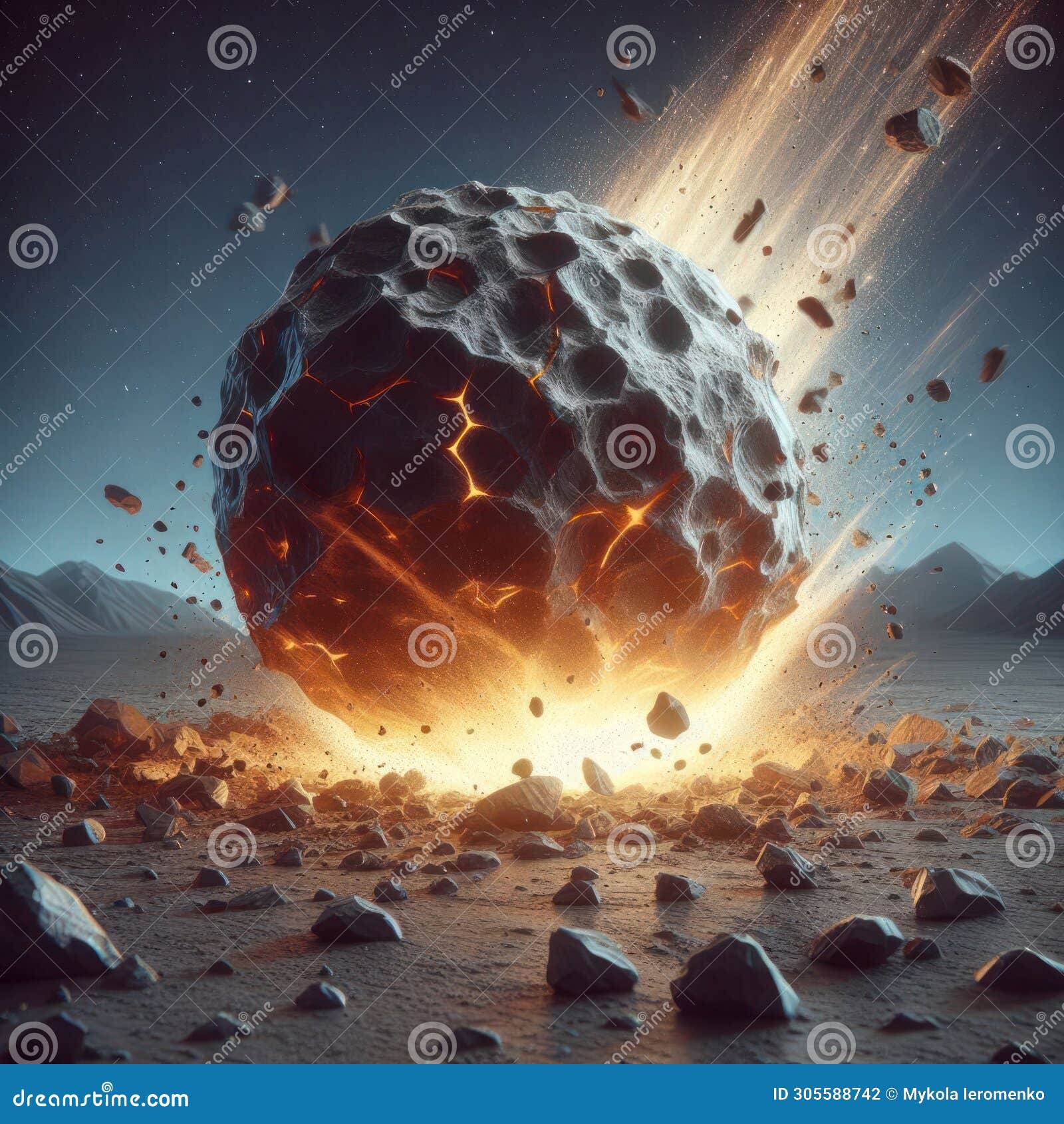 An Asteroid Crashes into the Surface of the Planet. Stock Photo - Image ...