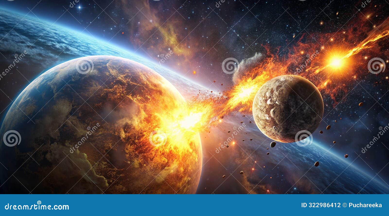 Asteroid Exploding and Burning in Space Near the Planet Two Celestial ...