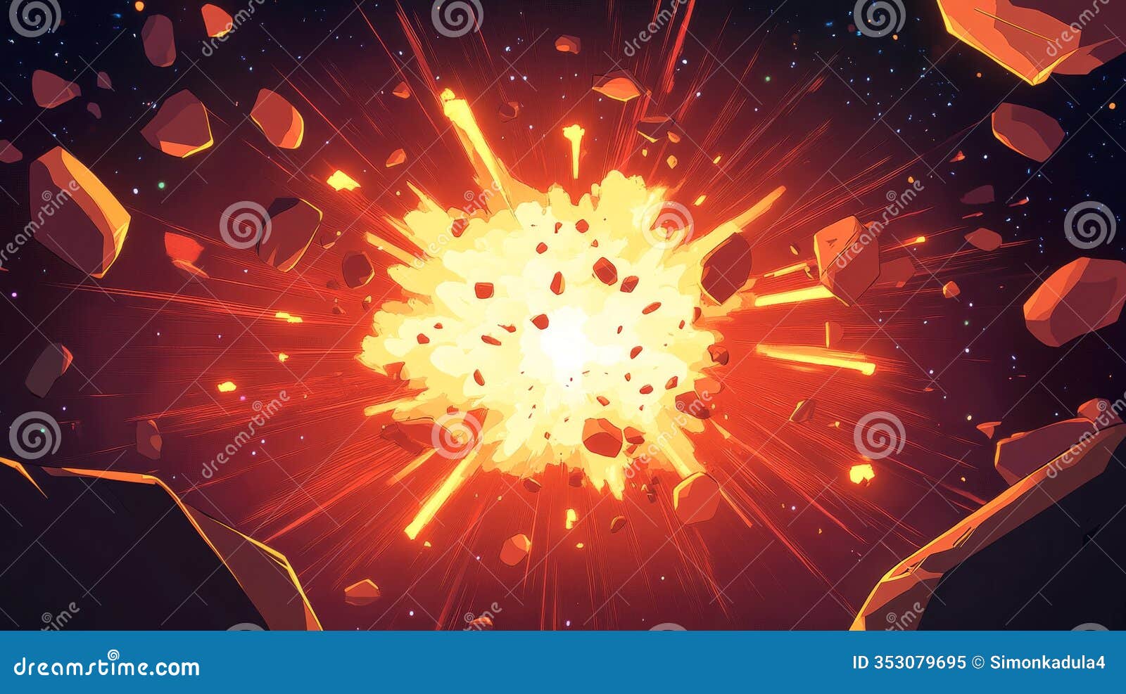 Asteroid Exploding Creating Debris and Hot Lava in the Deep Space Stock ...