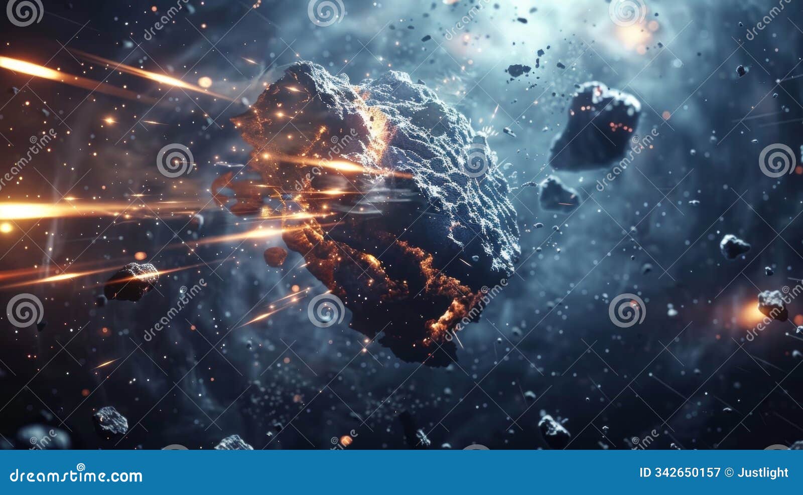 Asteroid Exploding in Deep Space with Laser Beams and Debris Stock ...