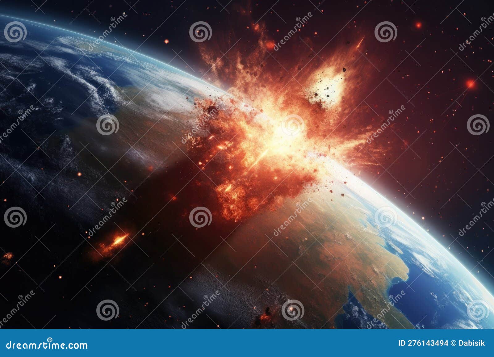 Asteroid Falls on Planet, View from Space. Meteorite Burning in ...