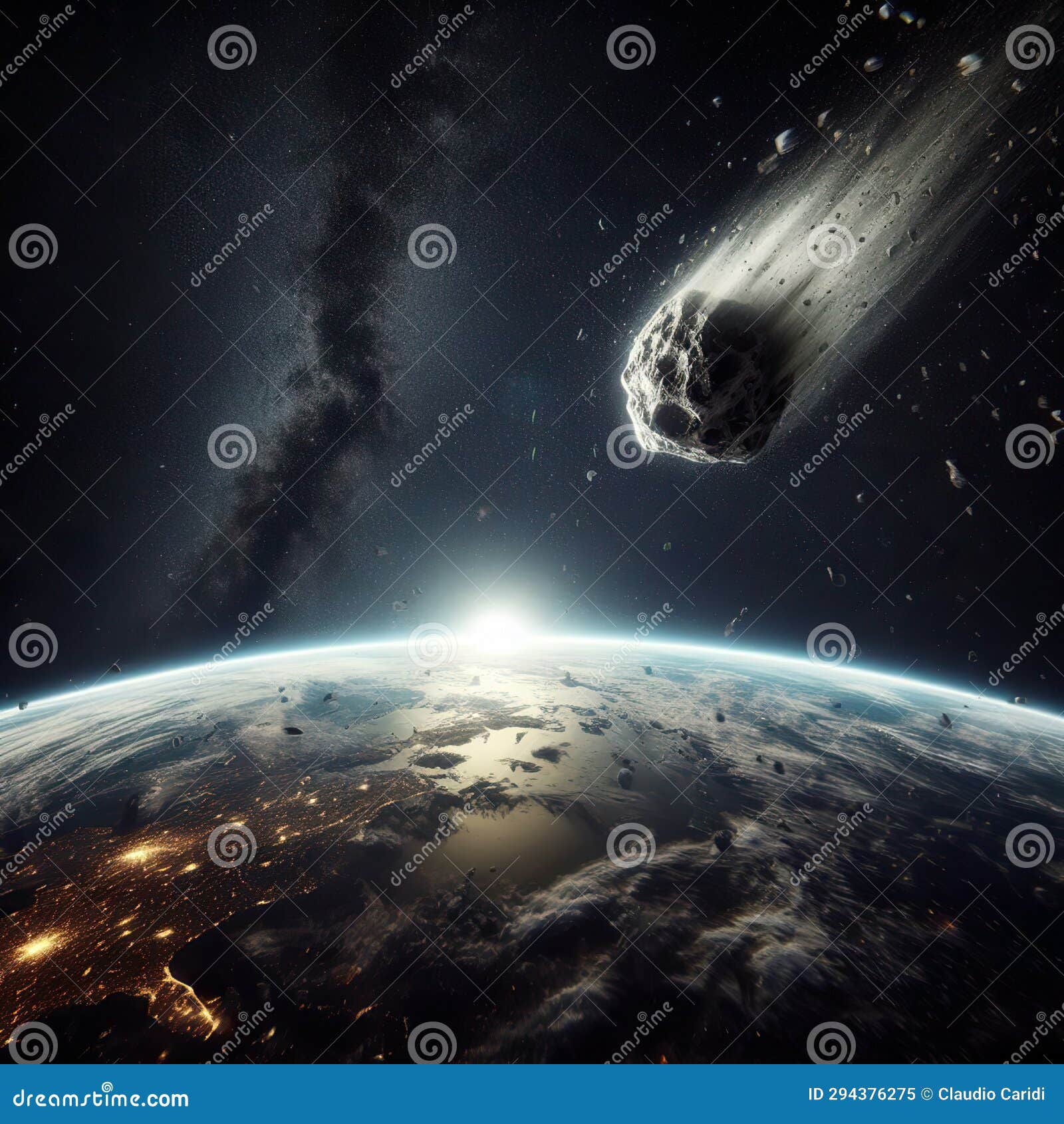 Asteroid Hitting Earth. View from Space Stock Illustration ...