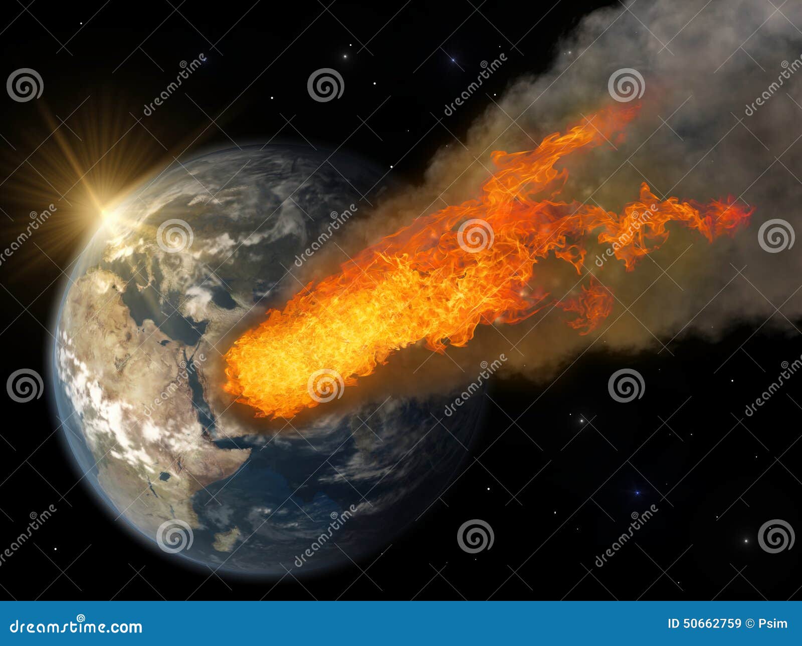Asteroid Impact, End Of World, Judgment Day. Group Of Burning Exploding ...