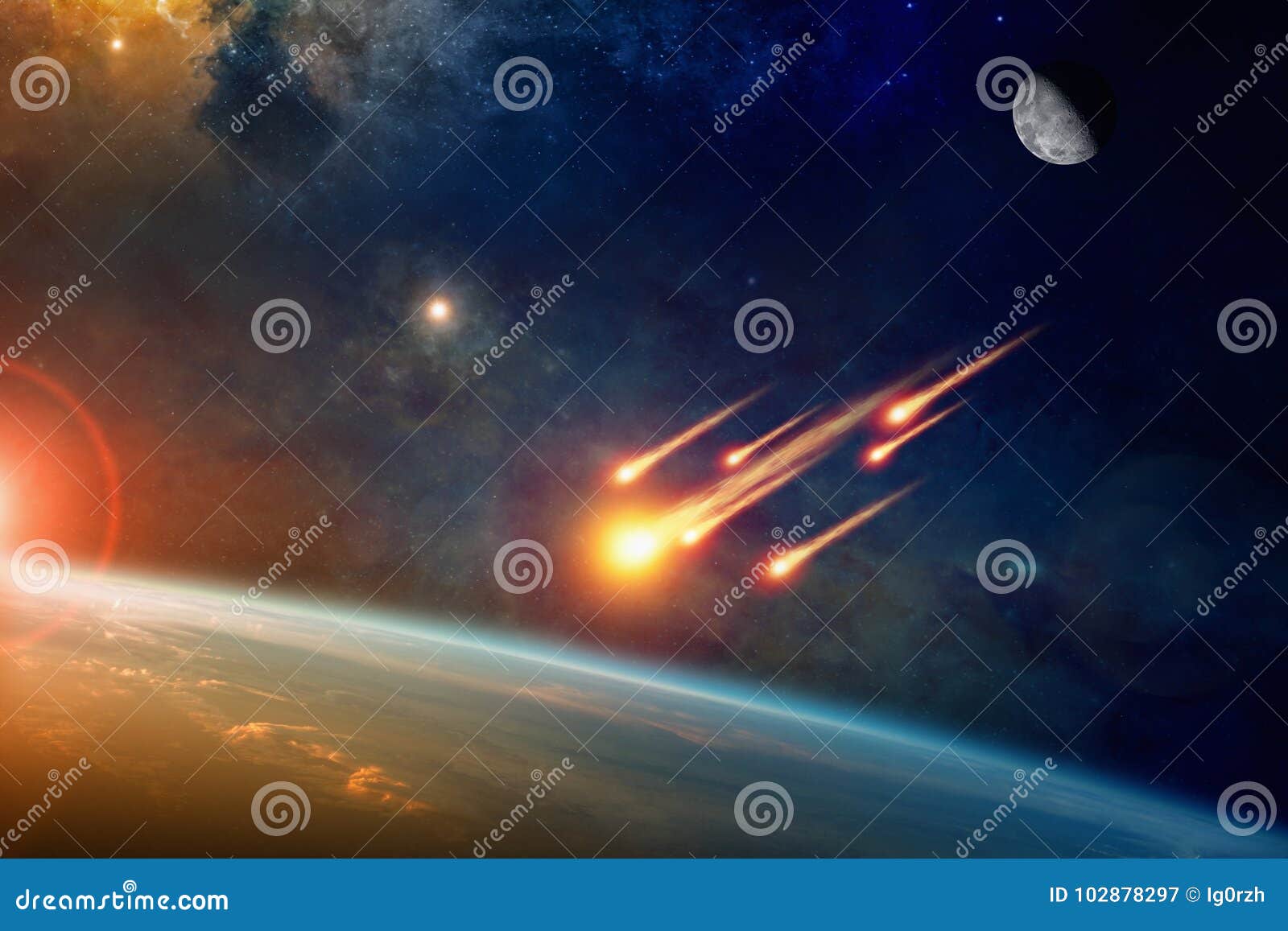Group of Burning Exploding Asteroids Approaches To Planet Earth Stock ...