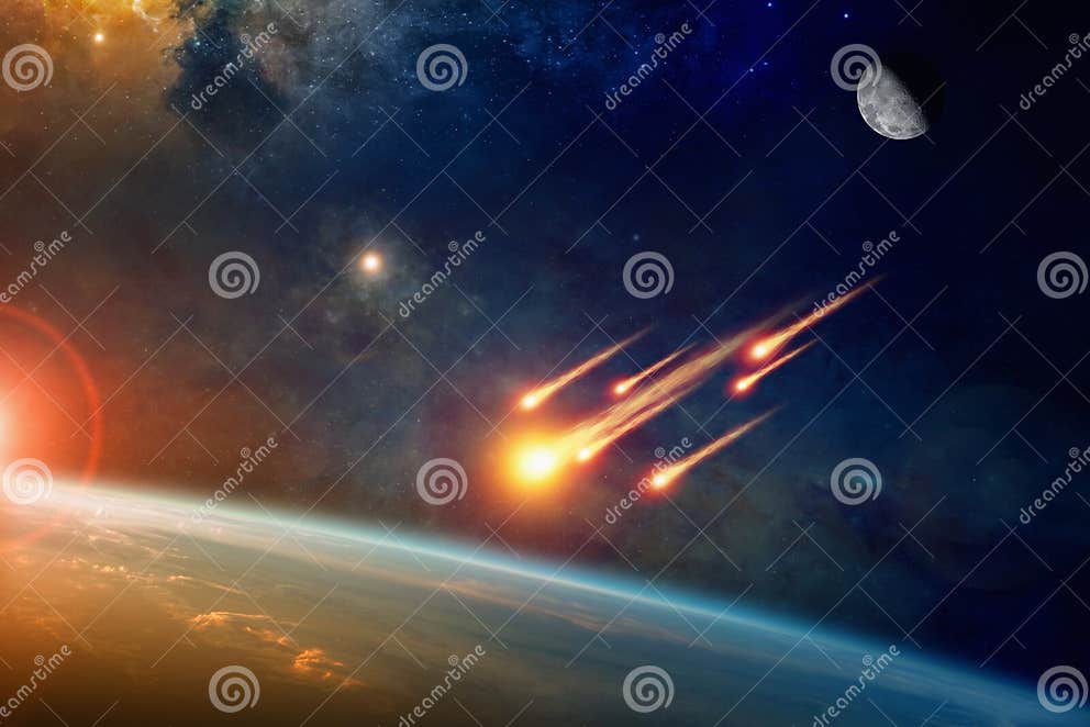 Group of Burning Exploding Asteroids Approaches To Planet Earth Stock ...