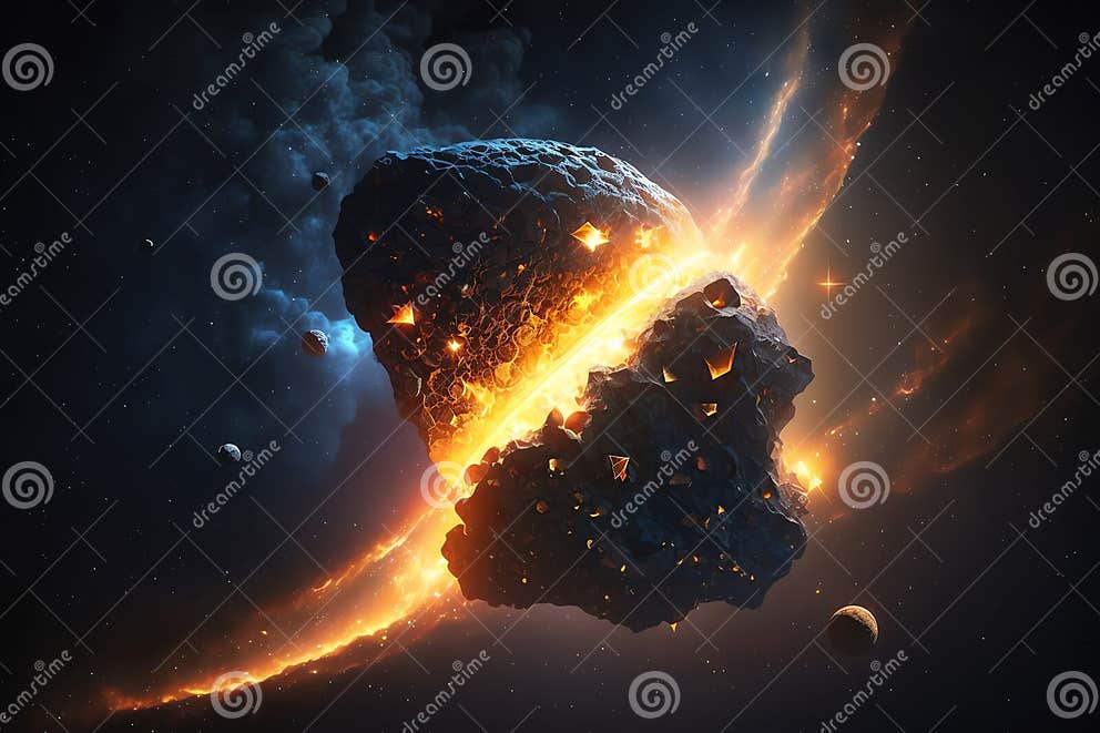 Asteroid or Meteorite Burst with Fire. Exploding Big Asteroid. Planet ...