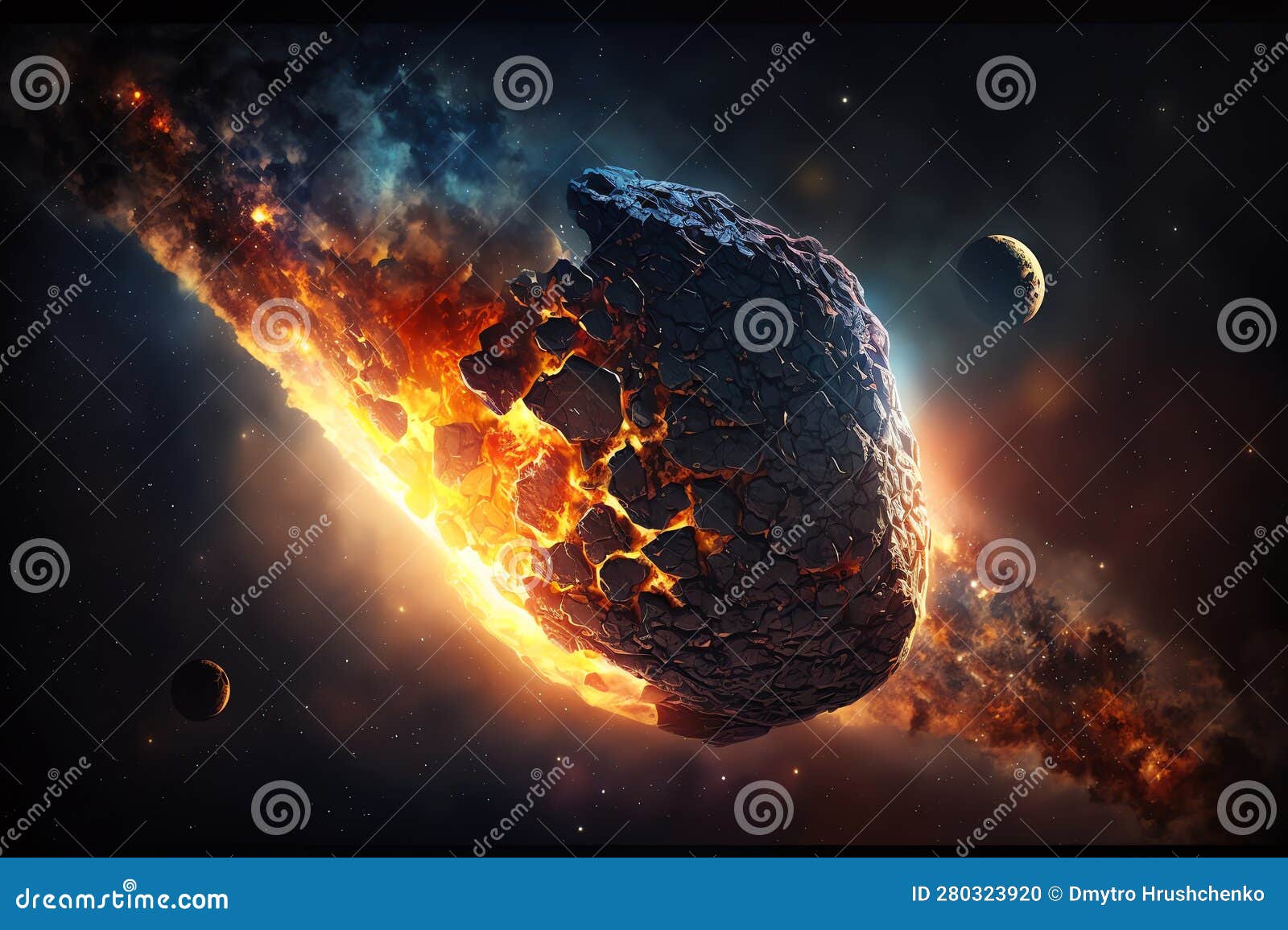 Asteroid or Meteorite Burst with Fire. Exploding Big Asteroid. Planet ...