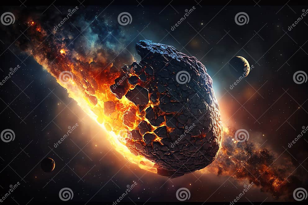 Asteroid or Meteorite Burst with Fire. Exploding Big Asteroid. Planet ...