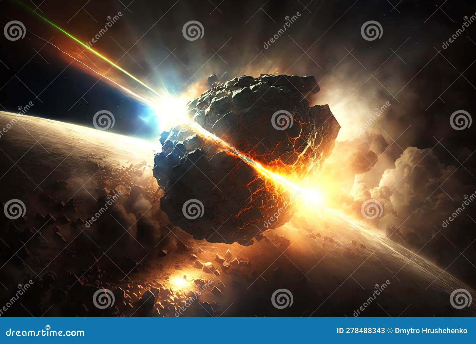 Asteroid or Meteorite Burst with Fire. Laser Explodes Big Asteroid ...