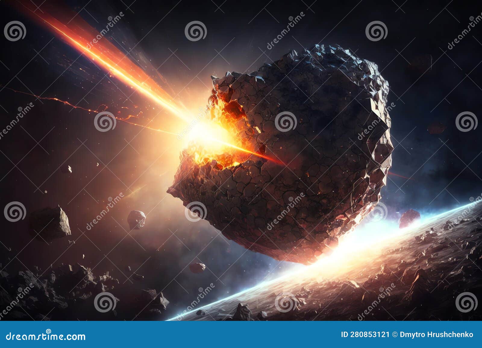 Asteroid or Meteorite Burst with Fire. Laser Explodes Big Asteroid ...