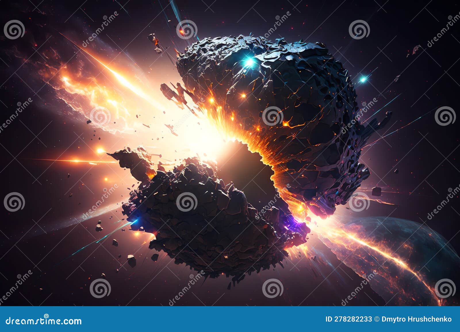 Asteroid or Meteorite Burst with Fire. Laser Explodes Big Asteroid ...