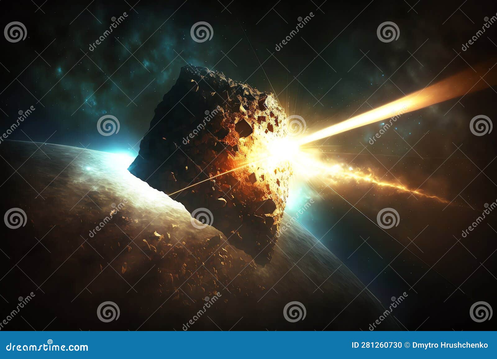 Asteroid or Meteorite Burst with Fire. Laser Explodes Big Asteroid ...