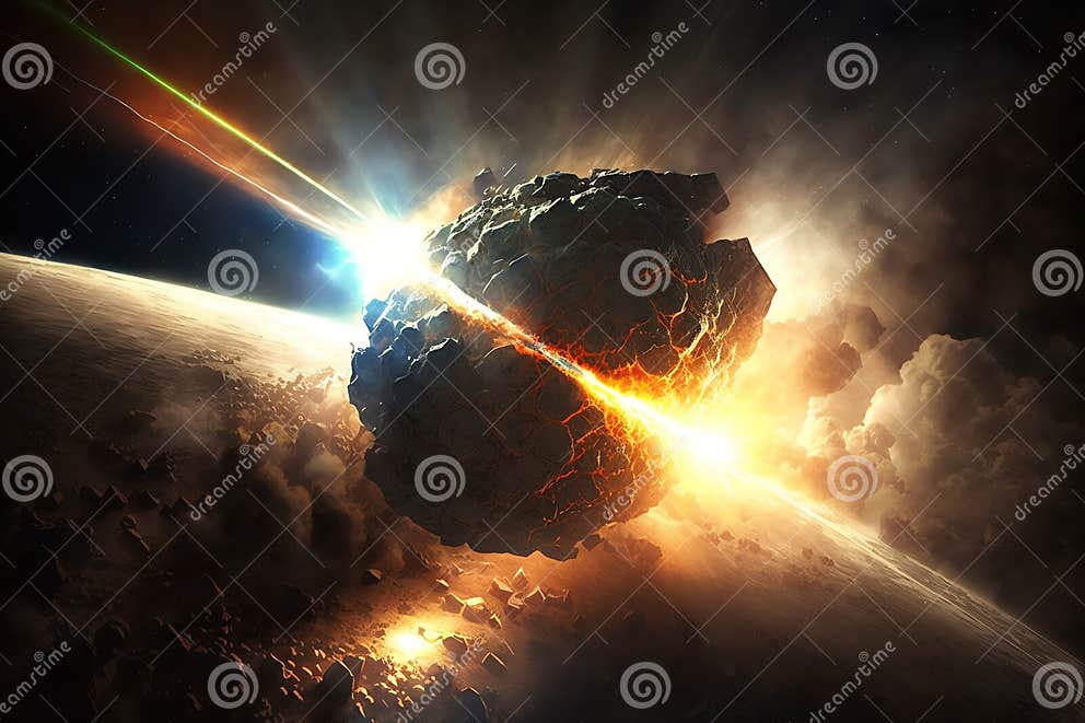 Asteroid or Meteorite Burst with Fire. Laser Explodes Big Asteroid ...