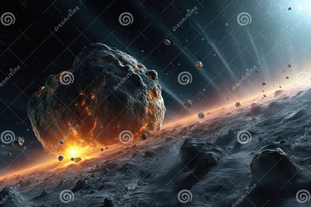 Asteroid Surface with Cosmic Dust Swirling Around Stock Photo - Image ...