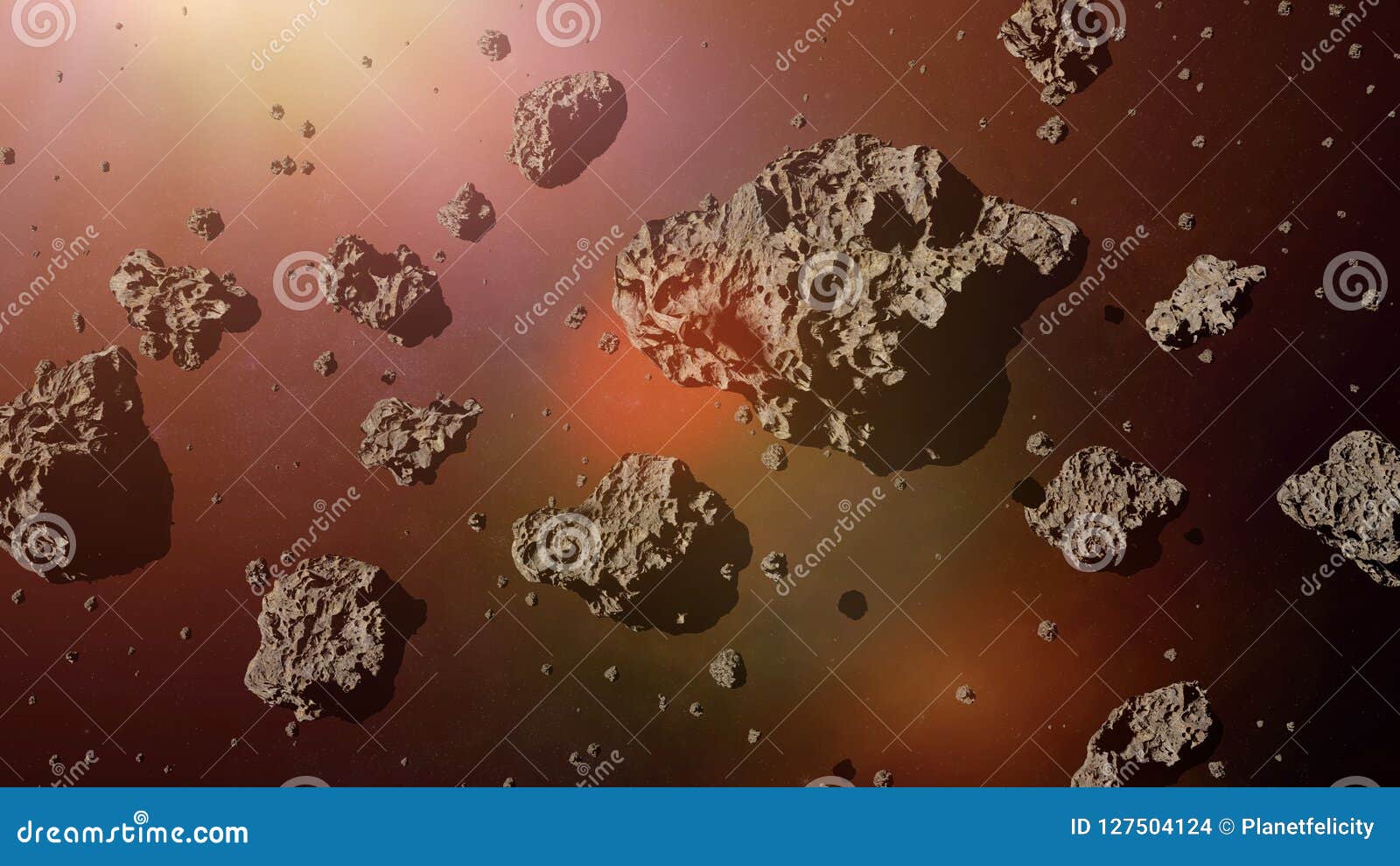 A Group Of Asteroids Lit By The Golden Sun, Asteroid Belt Space Scene ...