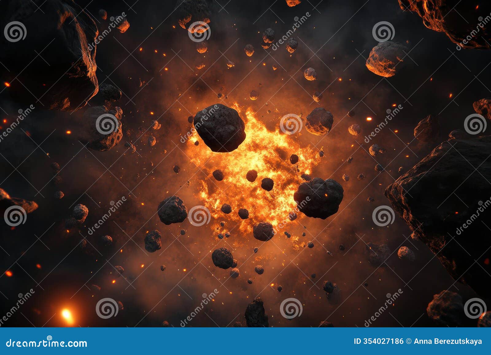Asteroids in Fiery Cosmic Explosion with Glowing Debris Stock Photo ...