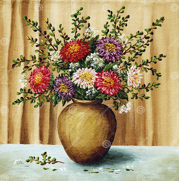 Asters in a clay pot stock illustration. Illustration of beauty - 14794363