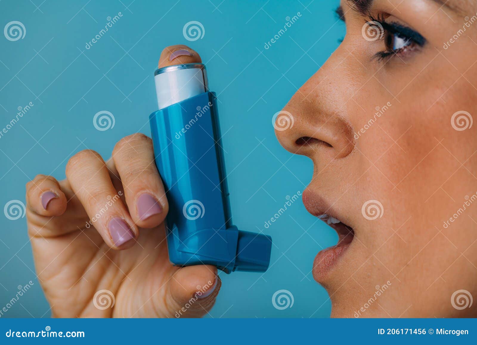 Asthma. Woman with Inhaler stock photo. Image of spray - 206171456