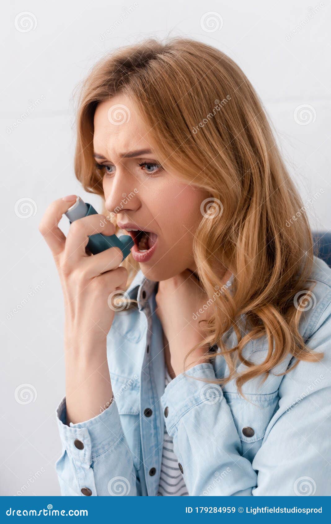 Asthmatic Woman Using Grey Inhaler and Stock Image - Image of touch ...